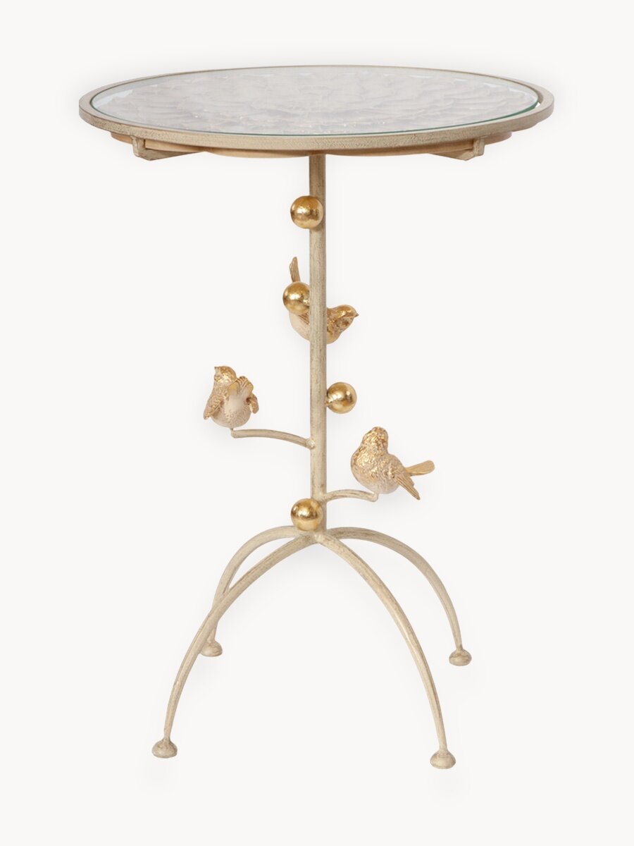 Кофейный круглый столик Bogacho с птичкой золотистый со стеклянной столешницей и кованой ножкой с птичками