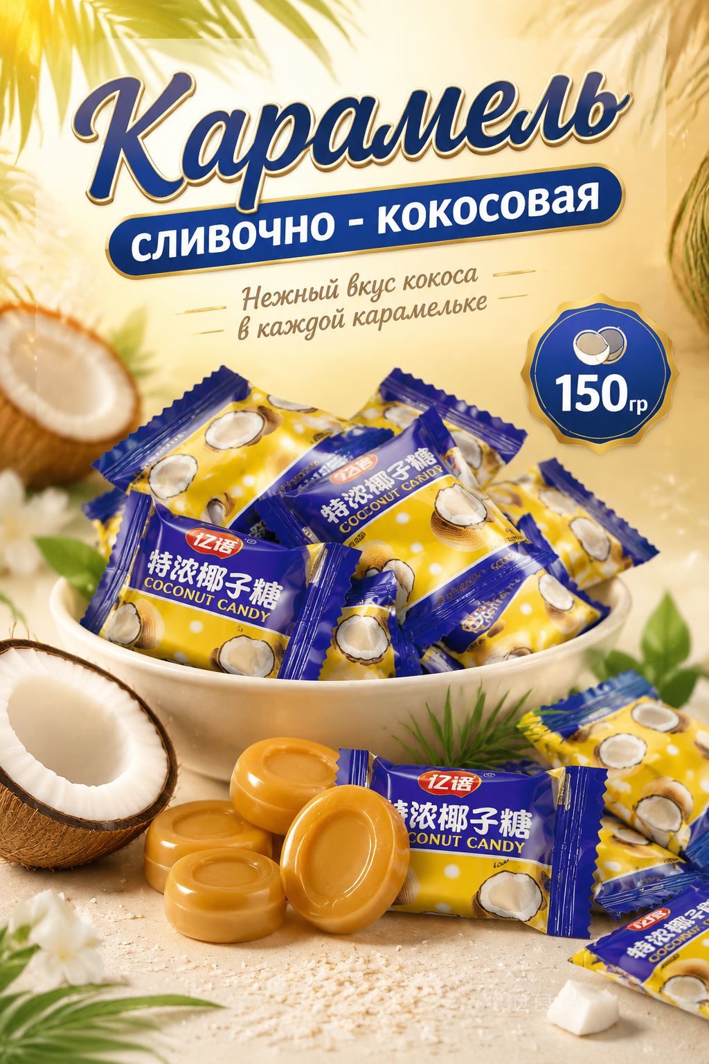 Карамель Сливочный Кокос 150гр. Производство Китай. Яркий вкус тропического фрукта.