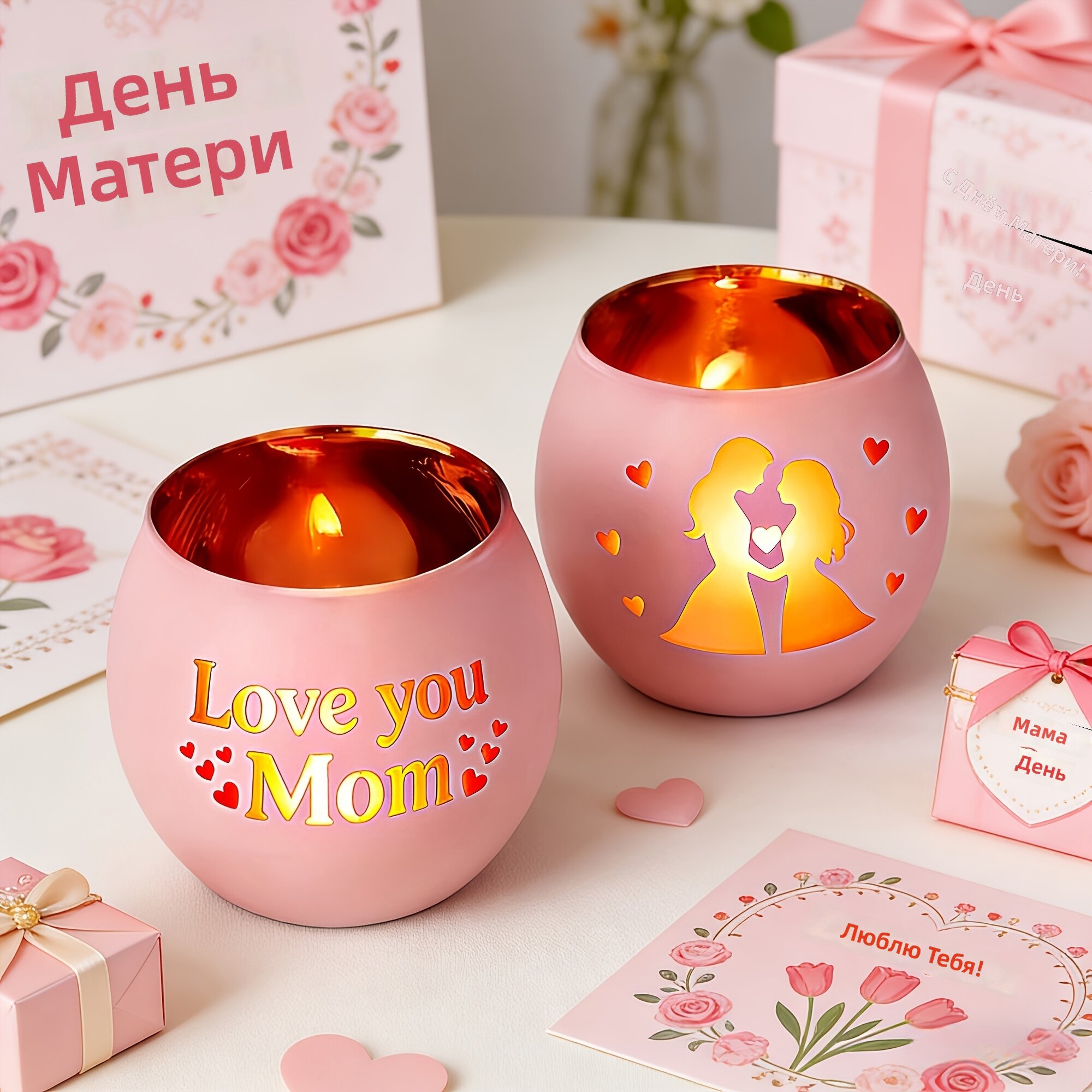 Набор из 2 розовых стеклянных подсвечников в форме восходящего сердца с золотым внутренним покрытием