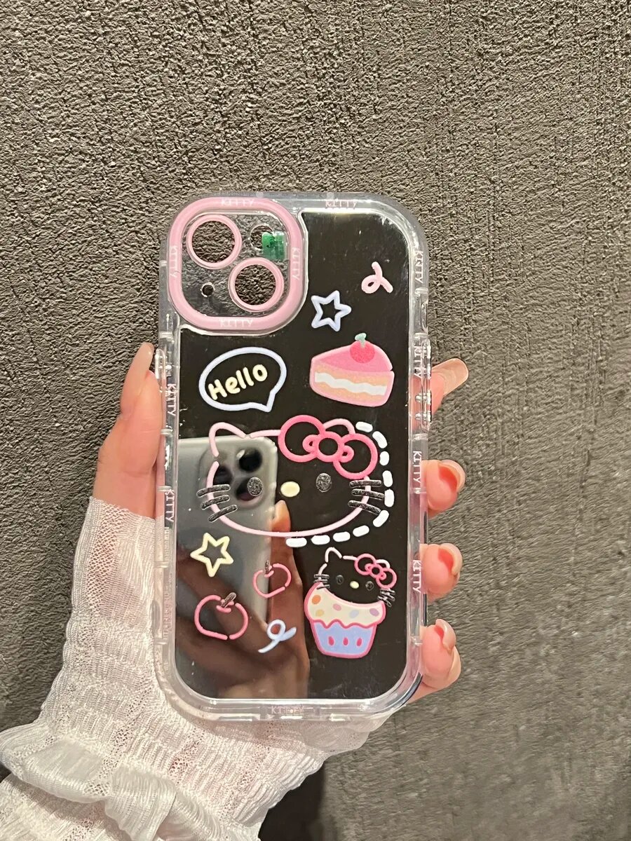 Чехол О'кейси, для iPhone 15, зеркальный, с принтом, защита камеры, цвет розовый/красный/черный/серебристый