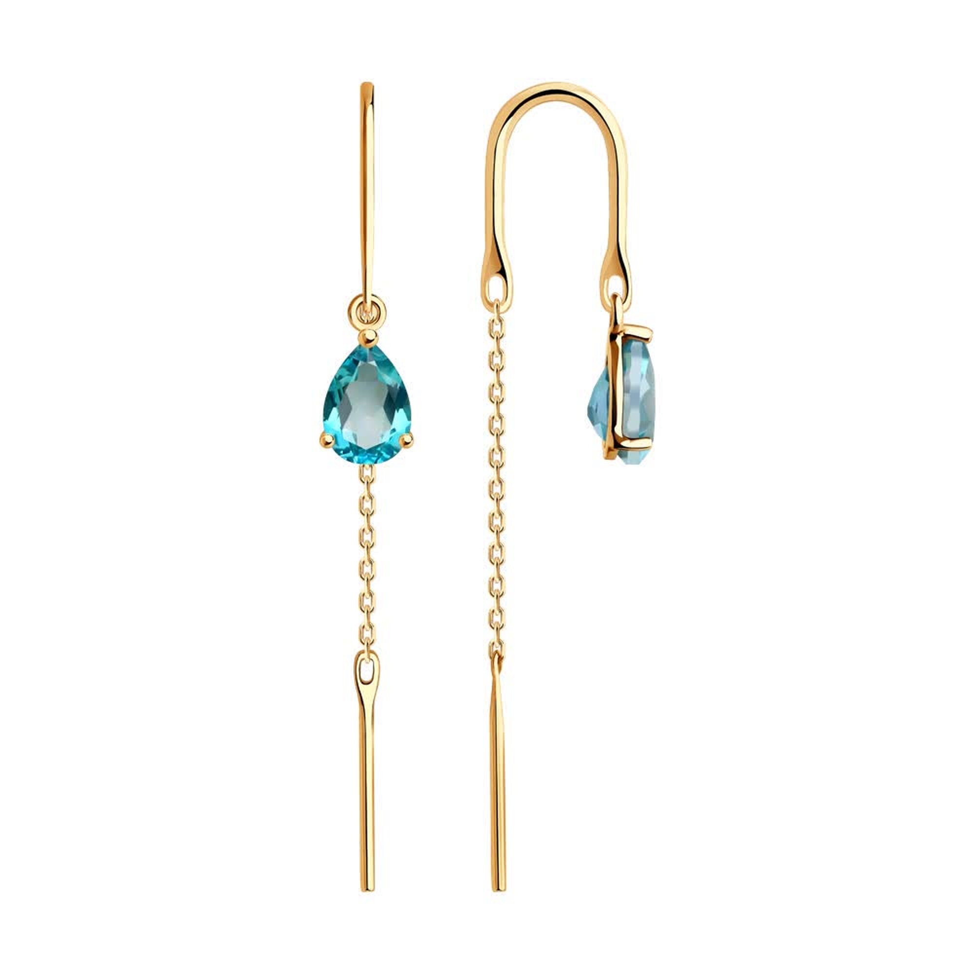 Серьги цепочки, красное золото, 585 проба, топаз