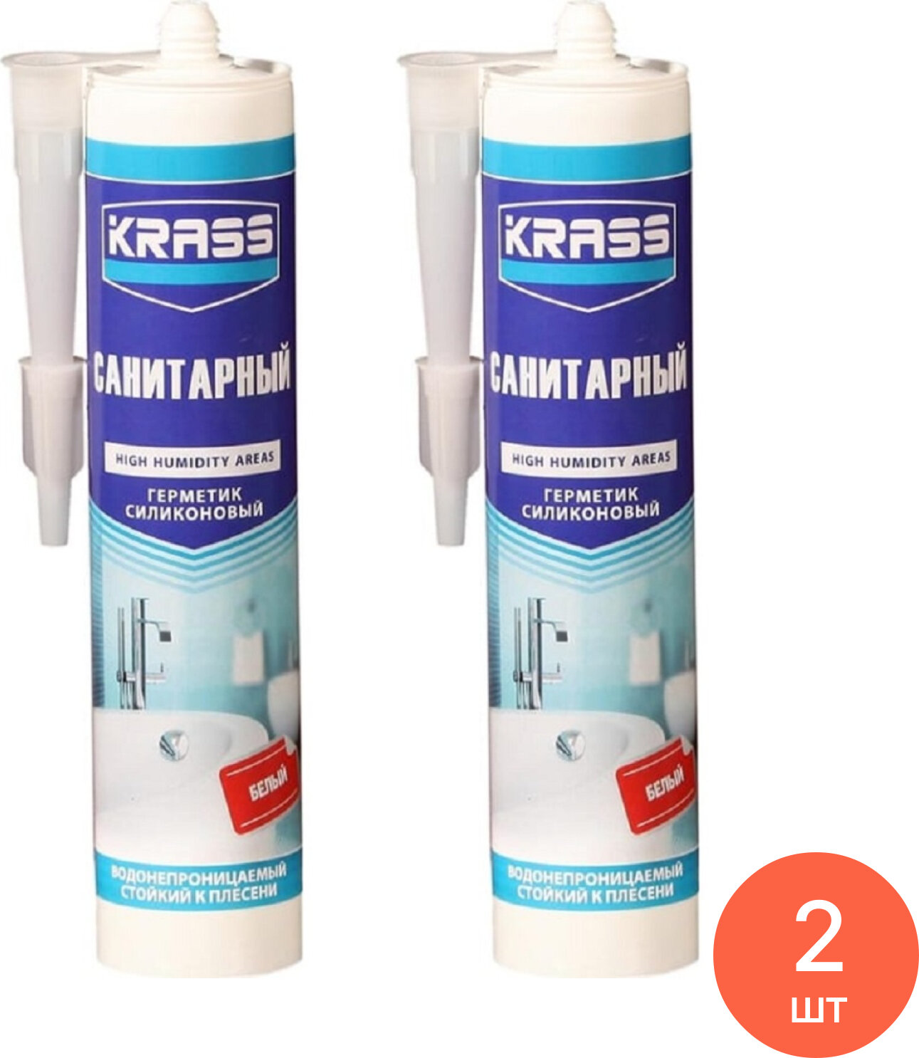 Герметик силиконовый Krass / Красс Санитарный водонепроницаемый, белый, 300мл / строительство и ремонт (комплект из 2 шт)