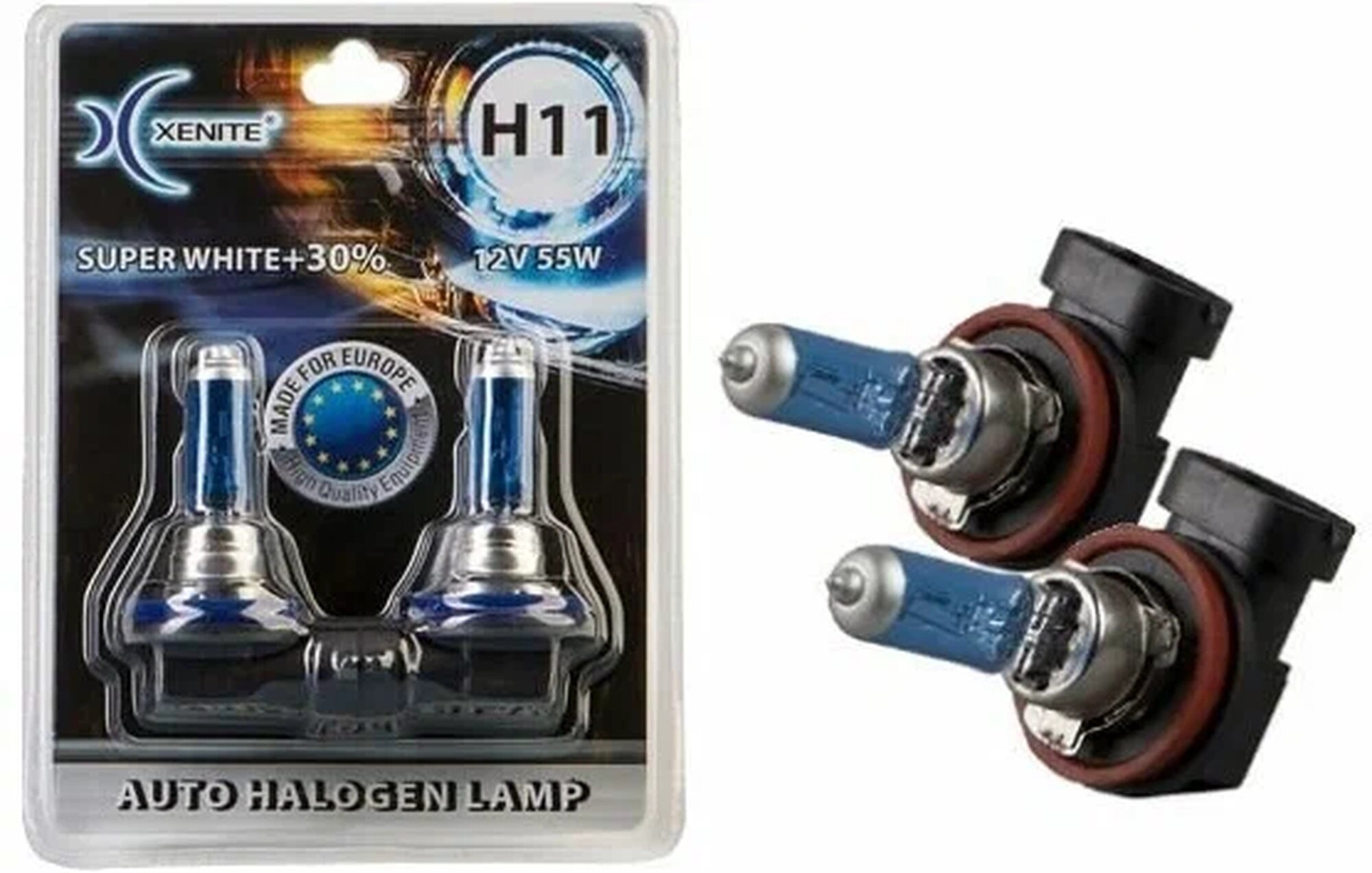 Лампа галогеновая головного света H11 PGJ19-2 4000K Super White +30% 12V 55W Блистер 2шт, XENITE 1007043