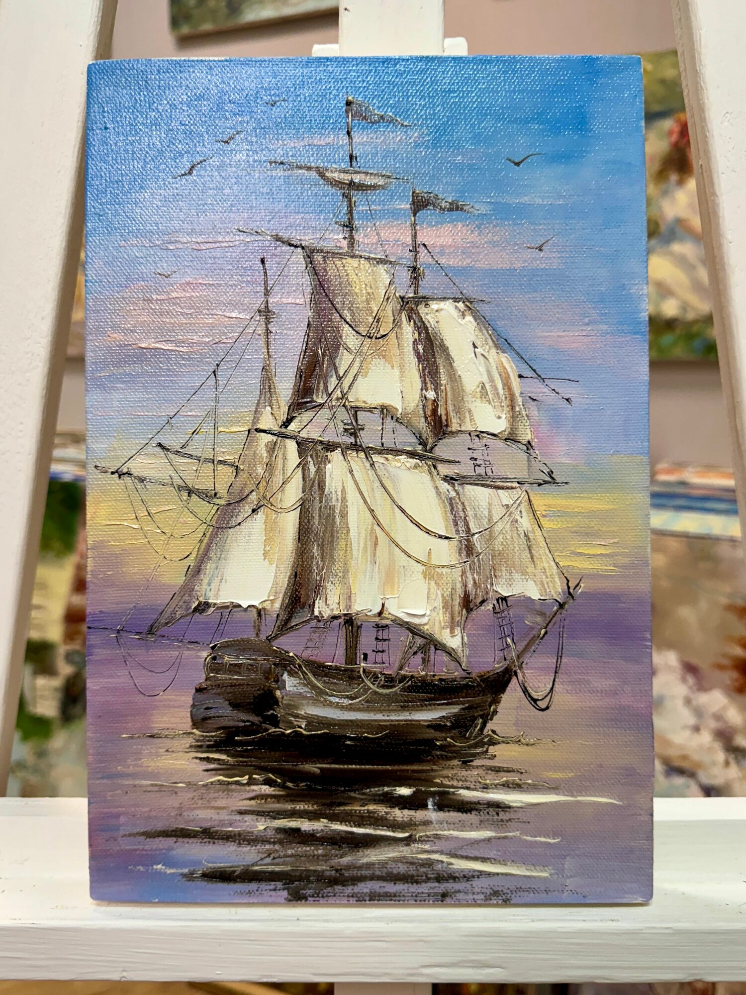 Картина маслом Морской пейзаж, Парусник Корабль 20х30 см. Художественная мастерская Грёзы.