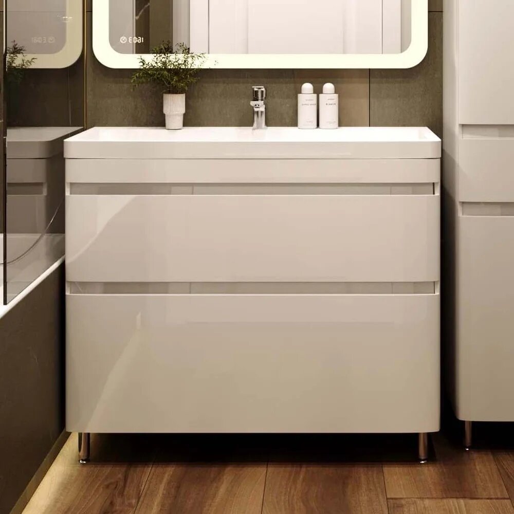 Тумба с раковиной Style Line Атлантика 100 напольная, 100, 1 см, белая, матовая, из МДФ, с ящиками, раковина для ванной, из искусственного мрамора, прямоугольная