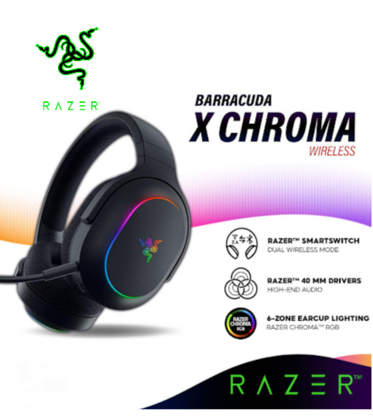 Игровая гарнитура Razer Barracuda X Chroma (2024) Black, беспроводная, для ПК и игровых консолей, RGB, черная