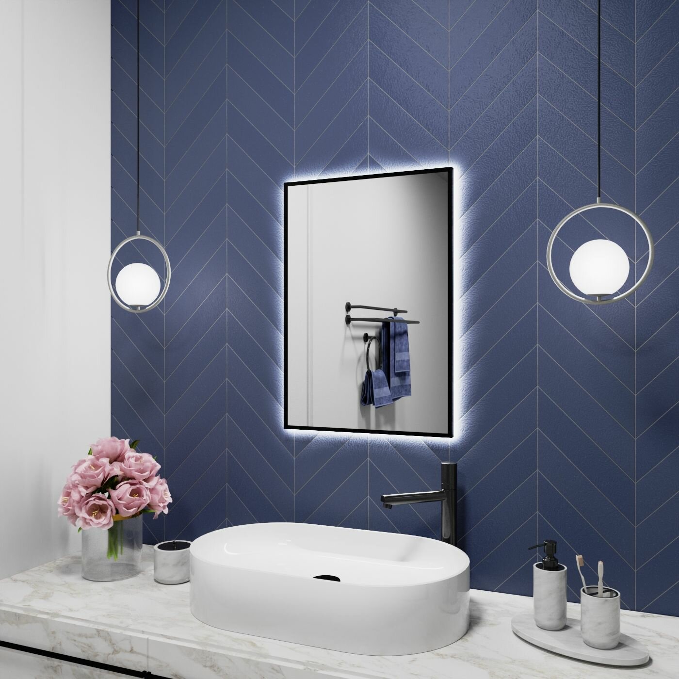 Зеркало настенное 60х50 см. BLX MIRROR с подсветкой в ванную в алюминиевой раме. Свет: Холодный белый 6000К, Черное