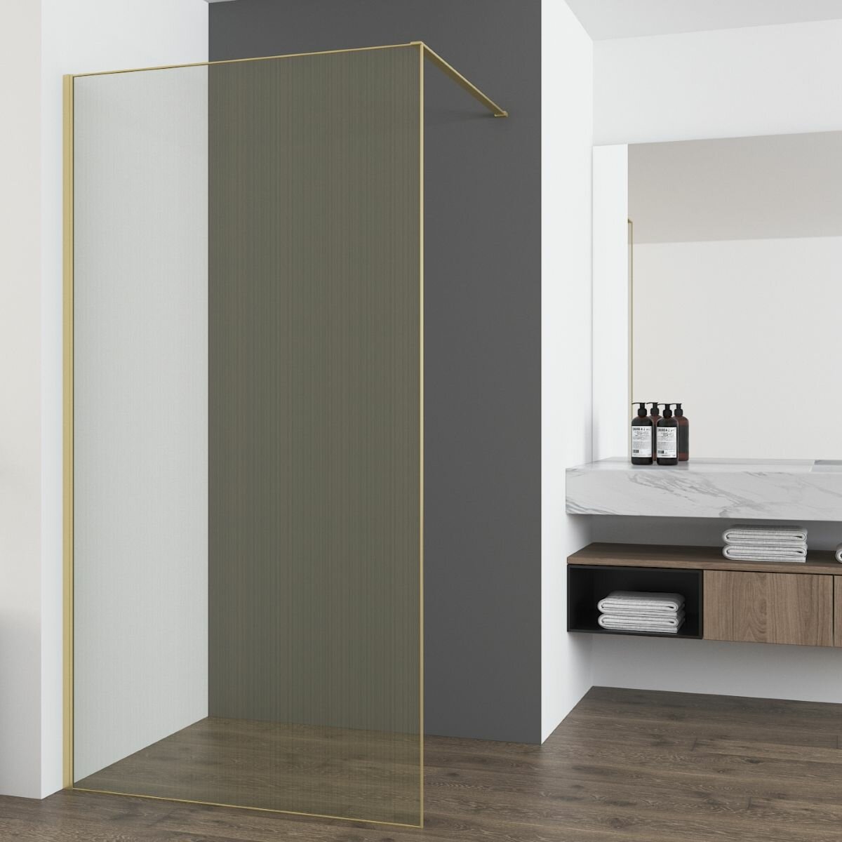 Душевая перегородка Vincea Волк-Ин (Walk-In) VSW-7HS100GWG, 1000*2000, браш. золото, стекло ламинир. с золотыми нитями