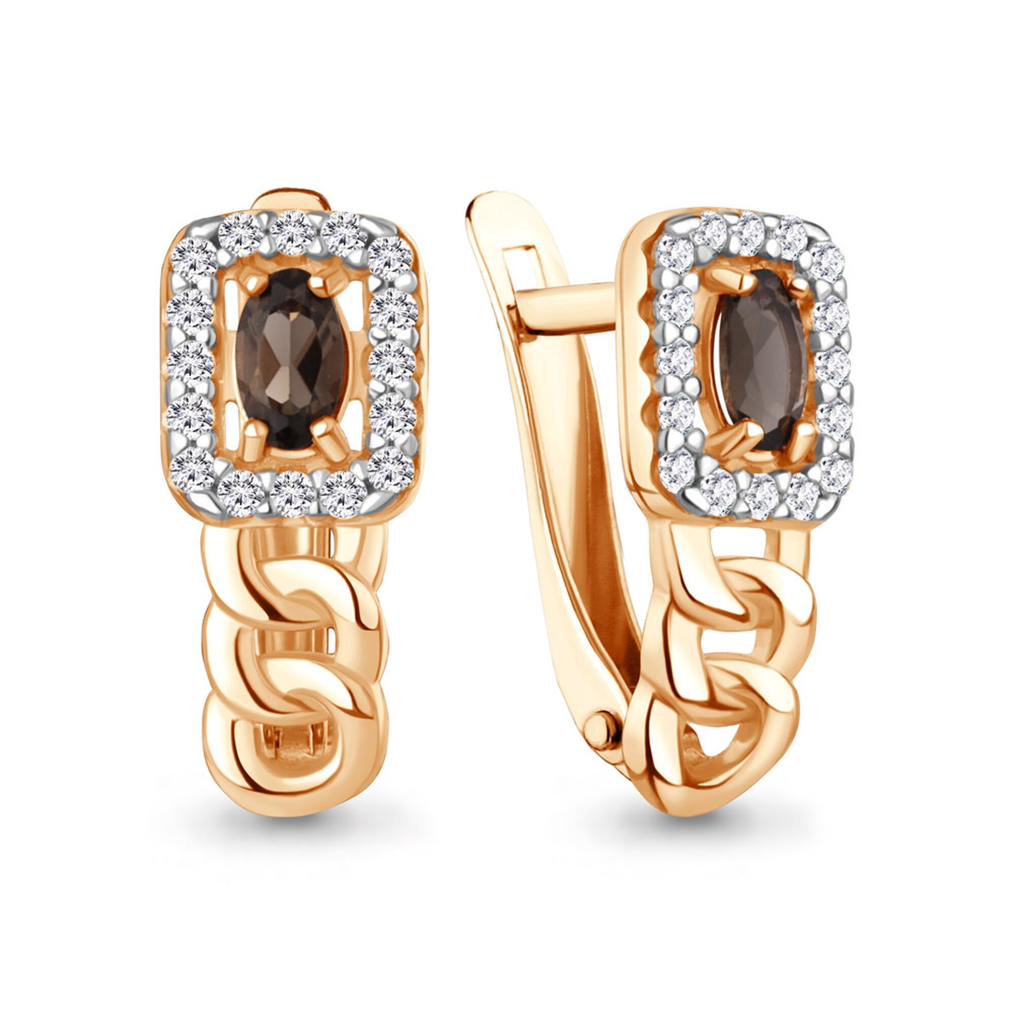 Серьги, серебро, 925 проба, золочение, кварц, фианит