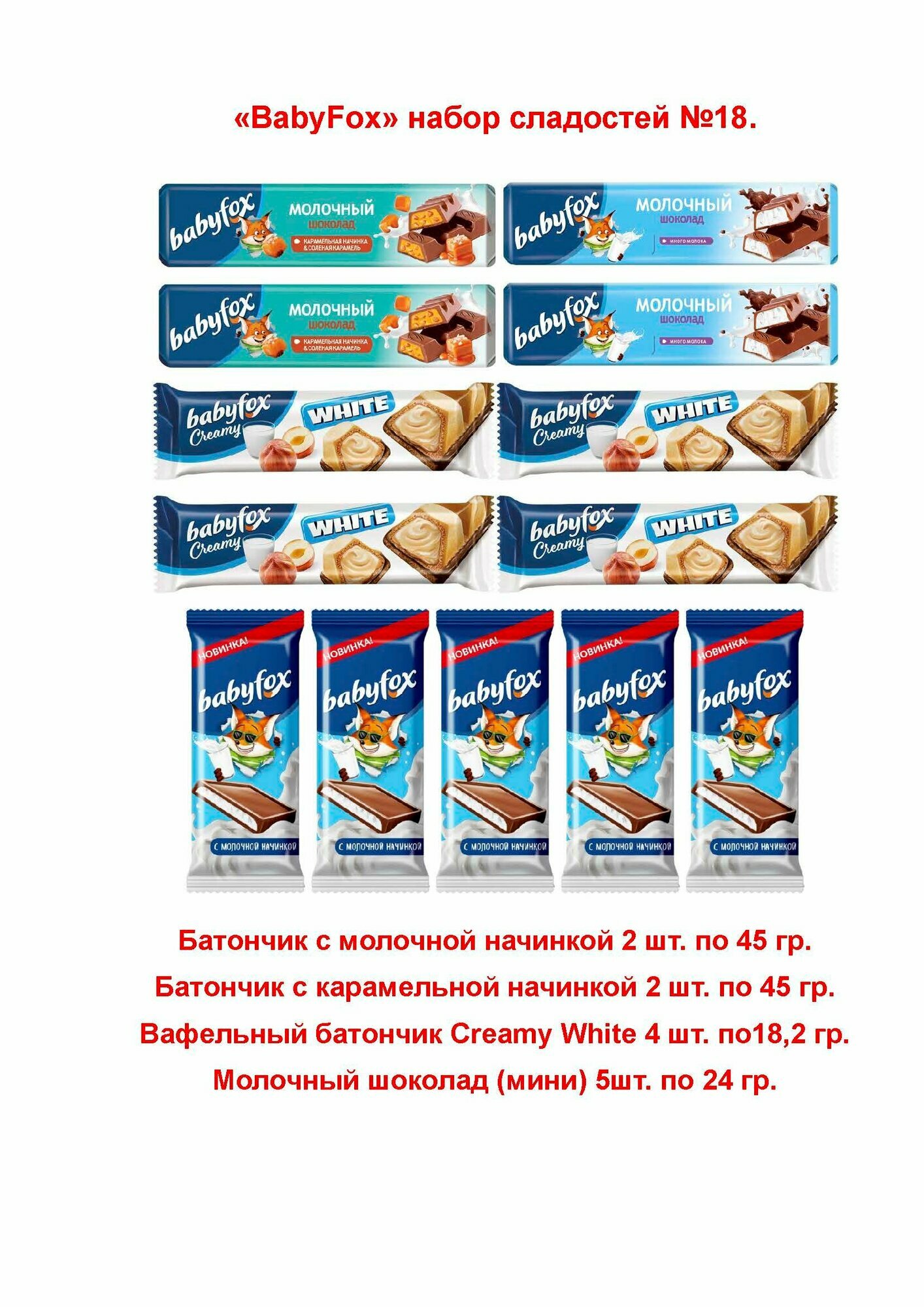 BabyFox набор №18 . Молочный шоколад, 5х24 гр. Шоколадный батончик с молочной начинкой, 2х45 гр. С карамельной 2х45гр. Вафельный батончик Creamy White, 4х18,2 гр.