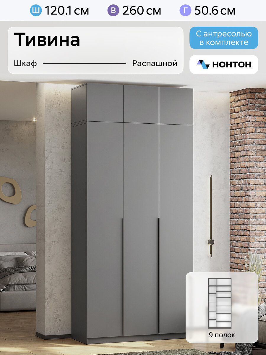 Шкаф для одежды распашной Нонтон Тивина, с антресолью, 120 см, 9 полок, графит серый