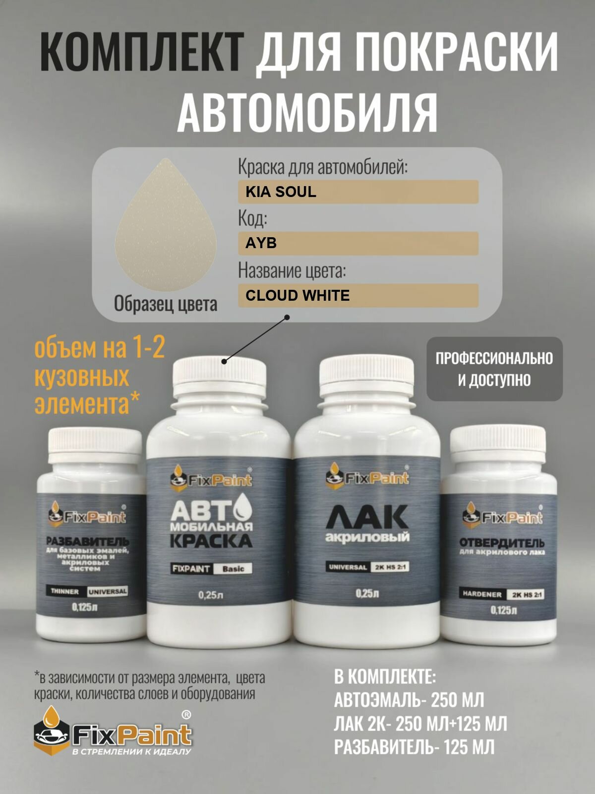 Комплект для покраски KIA SOUL, код AYB, CLOUD WHITE, базовая автомобильная краска 250 мл, лак 2K 250 мл с отвердителем, разбавитель 125 мл, FixPaint Pro