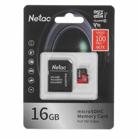 Карта памяти Netac P500 PRO 16 ГБ (NT02P500PRO-016G-R) - microSDHC, UHS-I U1, A1, чтение - 100 Мбайт/сек, запись - 100 Мбайт/сек