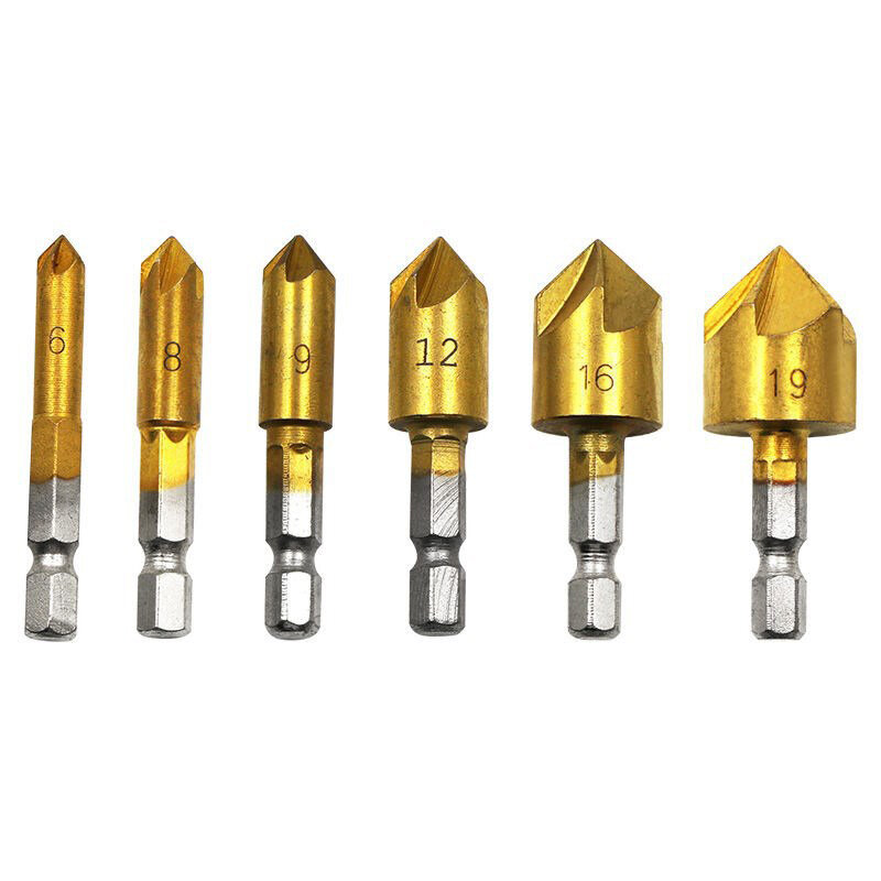 Набор из 6 сверл для зенковки 1/4' шестигранный хвостовик HSS 5 канавка зенковка 6 мм-19 мм SEVICH