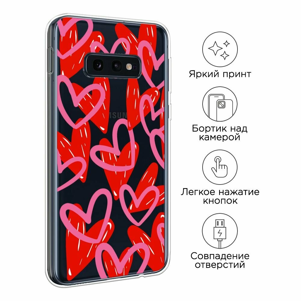 Чехол на Samsung Galaxy S10E / Самсунг Галакси S10E с принтом "Hearts doodles - 14 февраля", прозрачный — фото 1