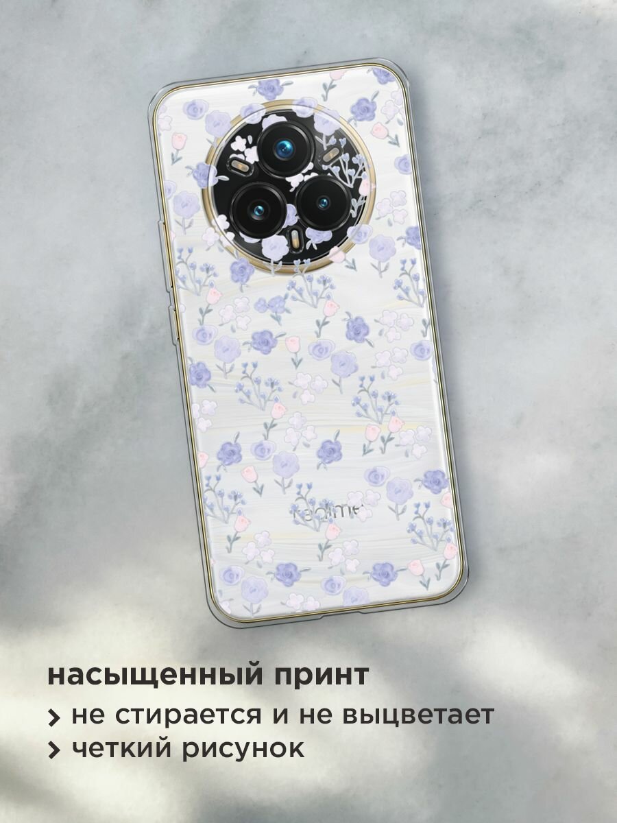 Чехол на Realme 14 Pro+ / Реалми 14 Про+ с принтом "Сиреневые розы паттерн", прозрачный — фото 1