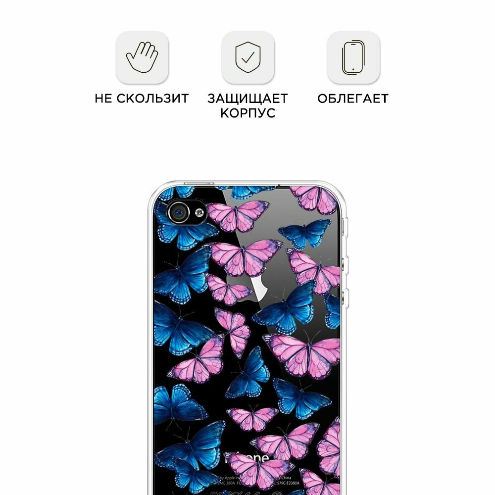 Чехол на Apple iPhone 4/4S / Айфон 4/4S с принтом Розовые и голубые бабочки, прозрачный — фото 1