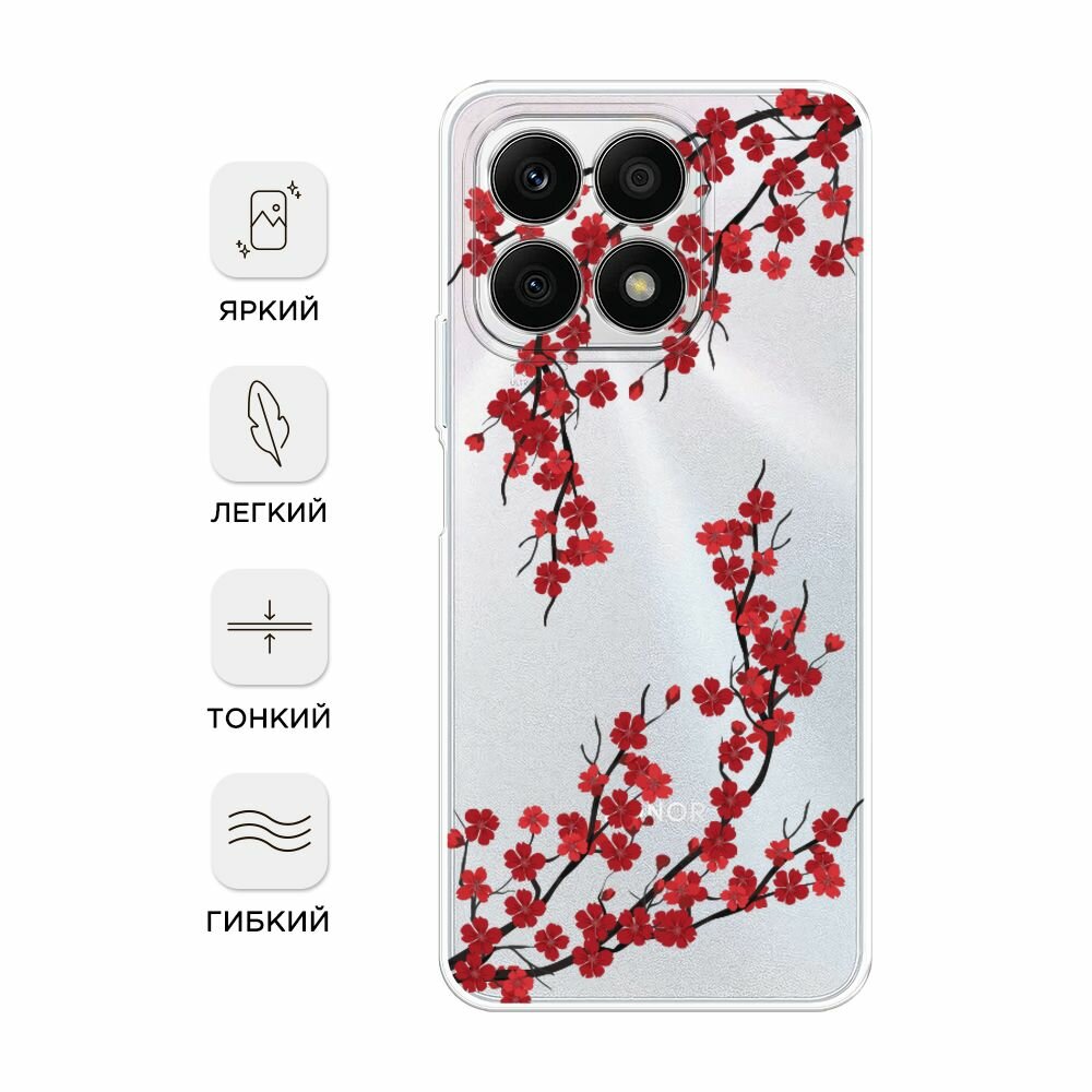 Чехол на Honor X8A / Хонор X8A с принтом "Красная сакура", прозрачный — фото 1