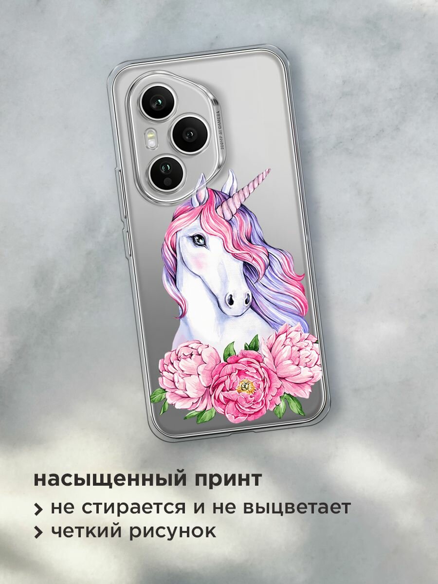 Чехол на Honor 400 Pro / Хонор 400 Про с принтом "Единорог с пионами", прозрачный — фото 1