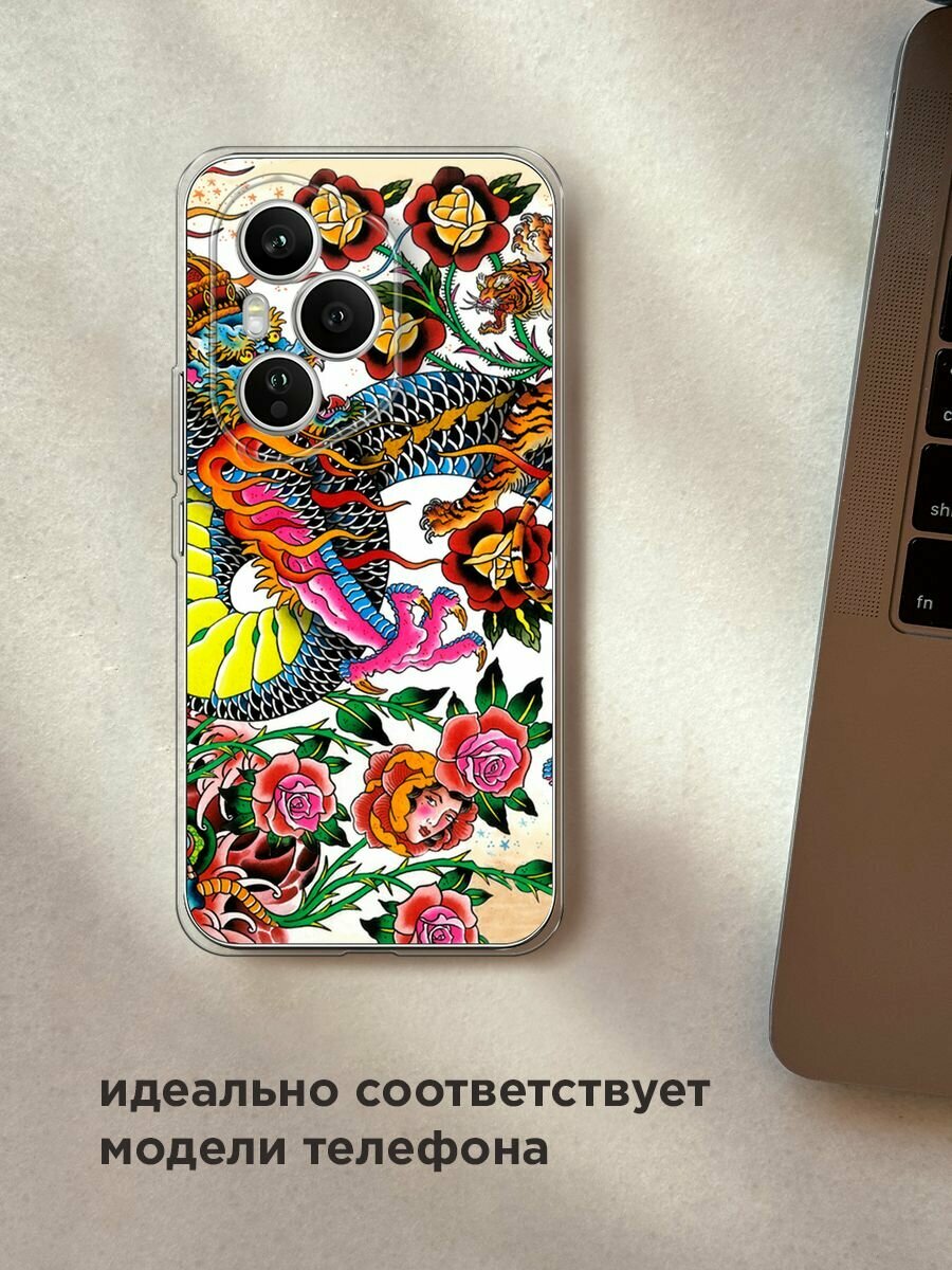 Чехол на Honor 400 Pro / Хонор 400 Про с принтом "Дракон в цветах" — фото 1
