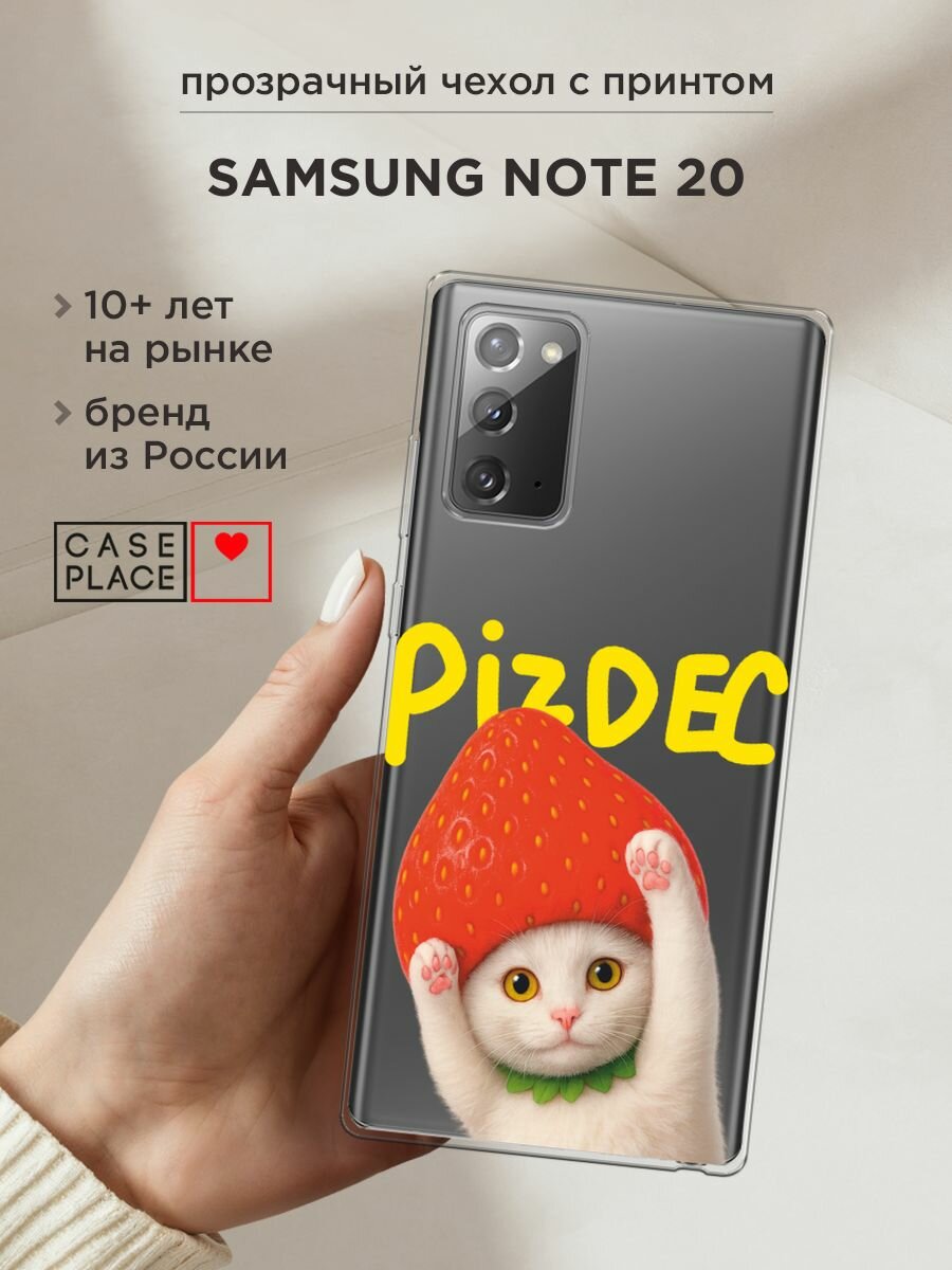 Чехол на Samsung Galaxy Note 20 / Самсунг Галакси Ноут 20 с принтом "Котик с надписью", прозрачный