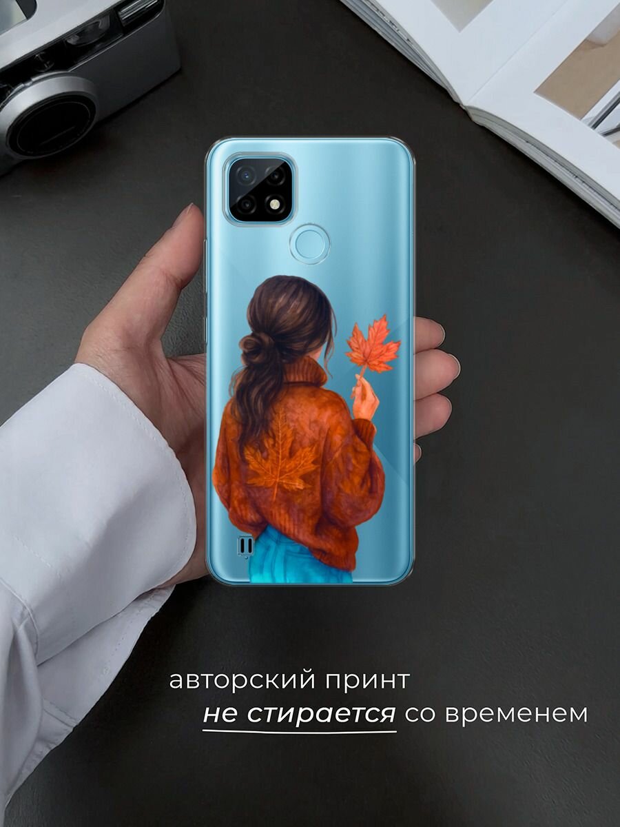 Чехол на Realme C21 / Реалми С21 с принтом "Девушка с опавшим листом", прозрачный — фото 1