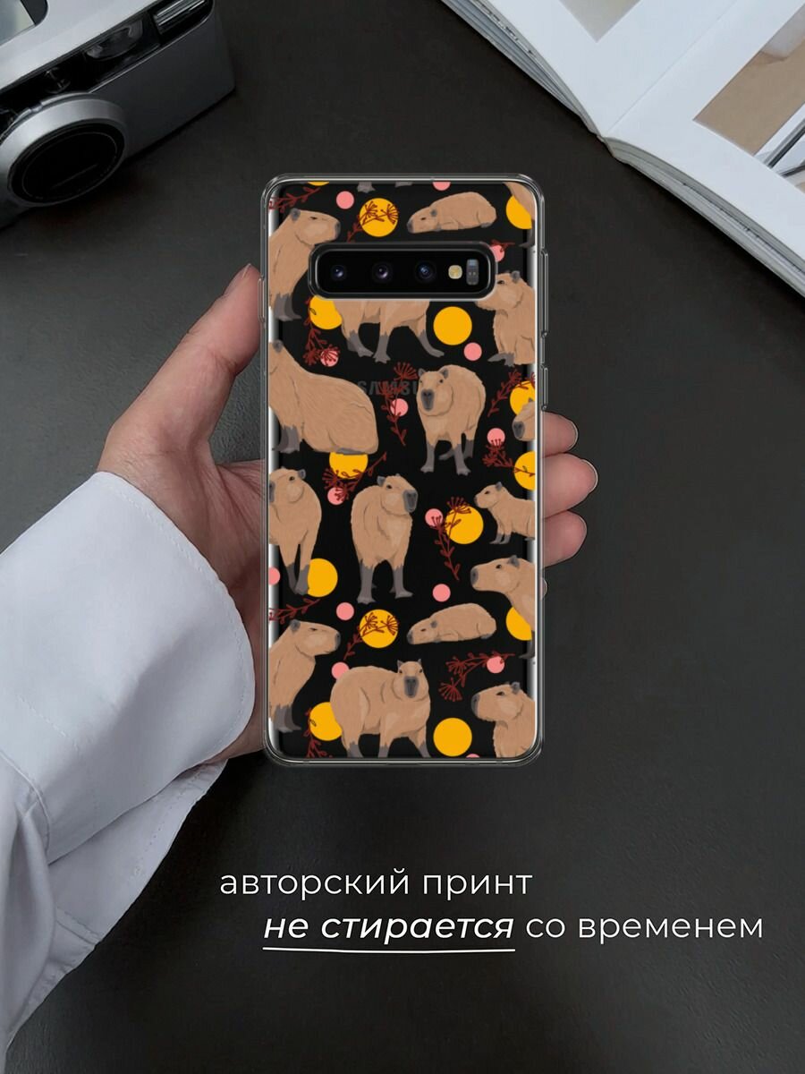 Чехол на Samsung Galaxy S10 + / Самсунг Галакси S10 Плюс с принтом "Капибара паттерн", прозрачный — фото 1