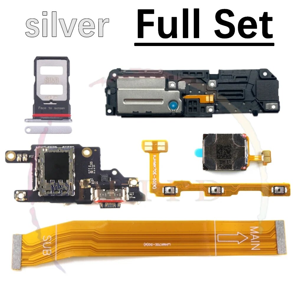 Лоток для SIM-карты, порт для зарядки, динамик, громкоговоритель для Xiaomi Poco X6 Pro X6Pro, громкость питания, материнская плата, гибкий кабель Poco X6 Pro silver