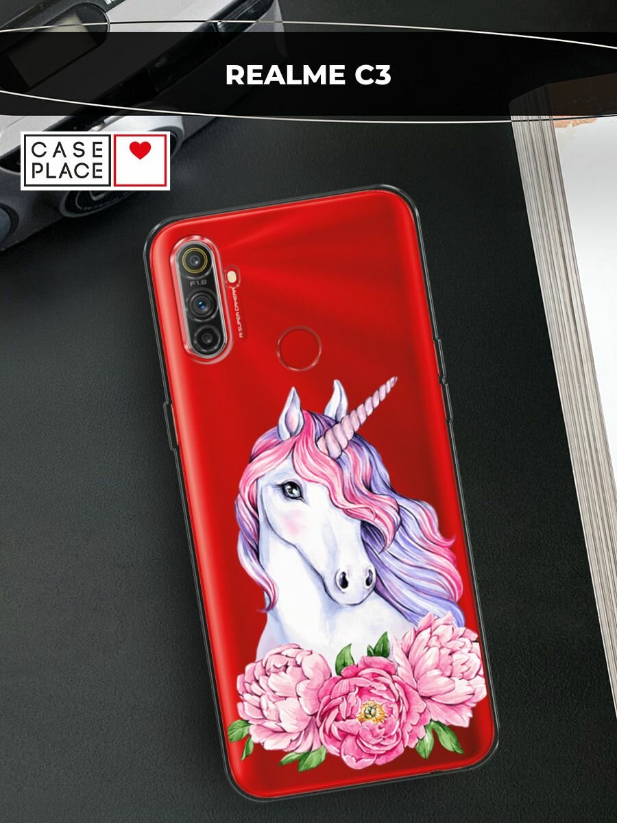 Чехол на Realme C3 / Реалми C3 с принтом "Единорог с пионами", прозрачный