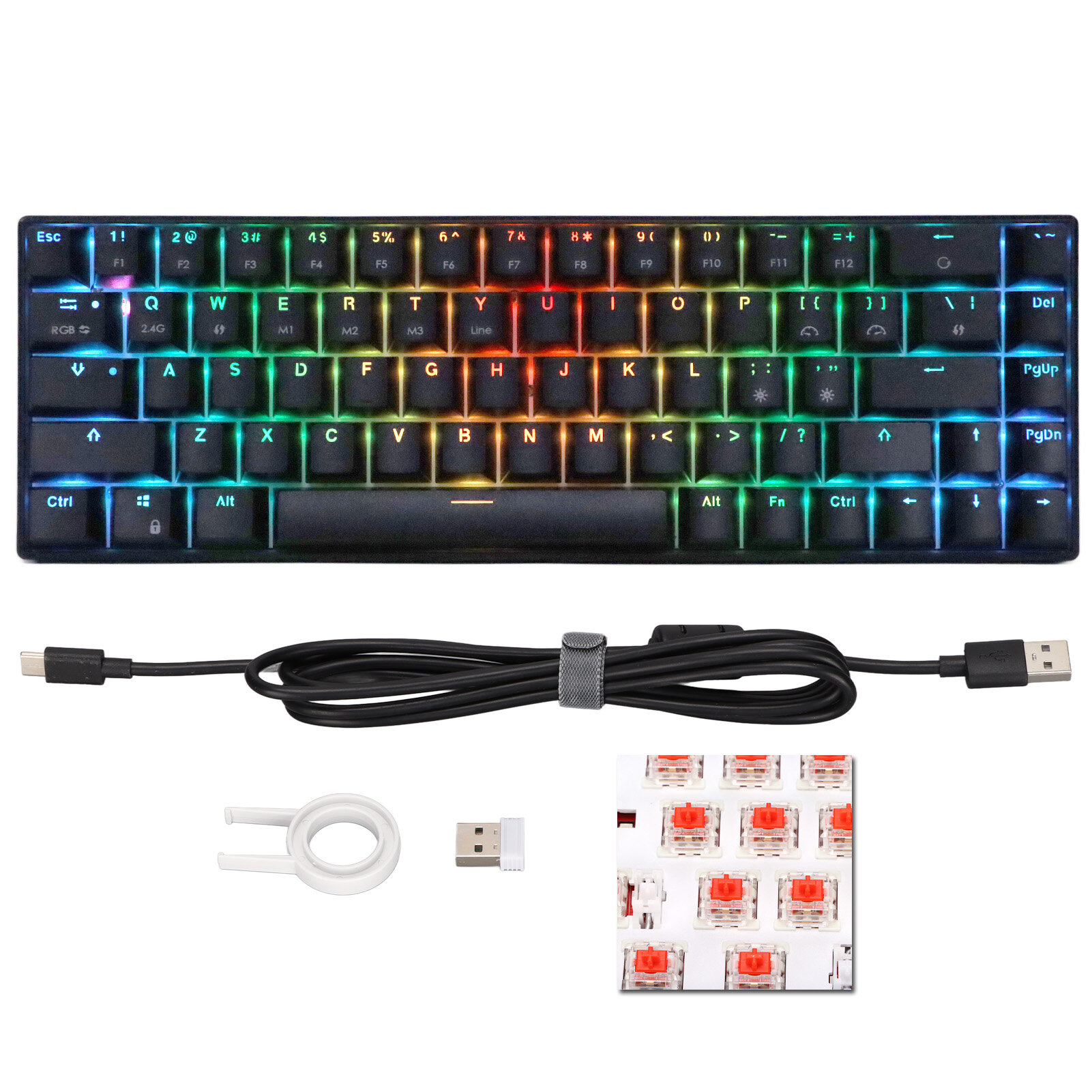 Беспроводная механическая клавиатура 2 . 4 ггц 68 клавиш rgb подсветка для игр windows красный переключатель черная