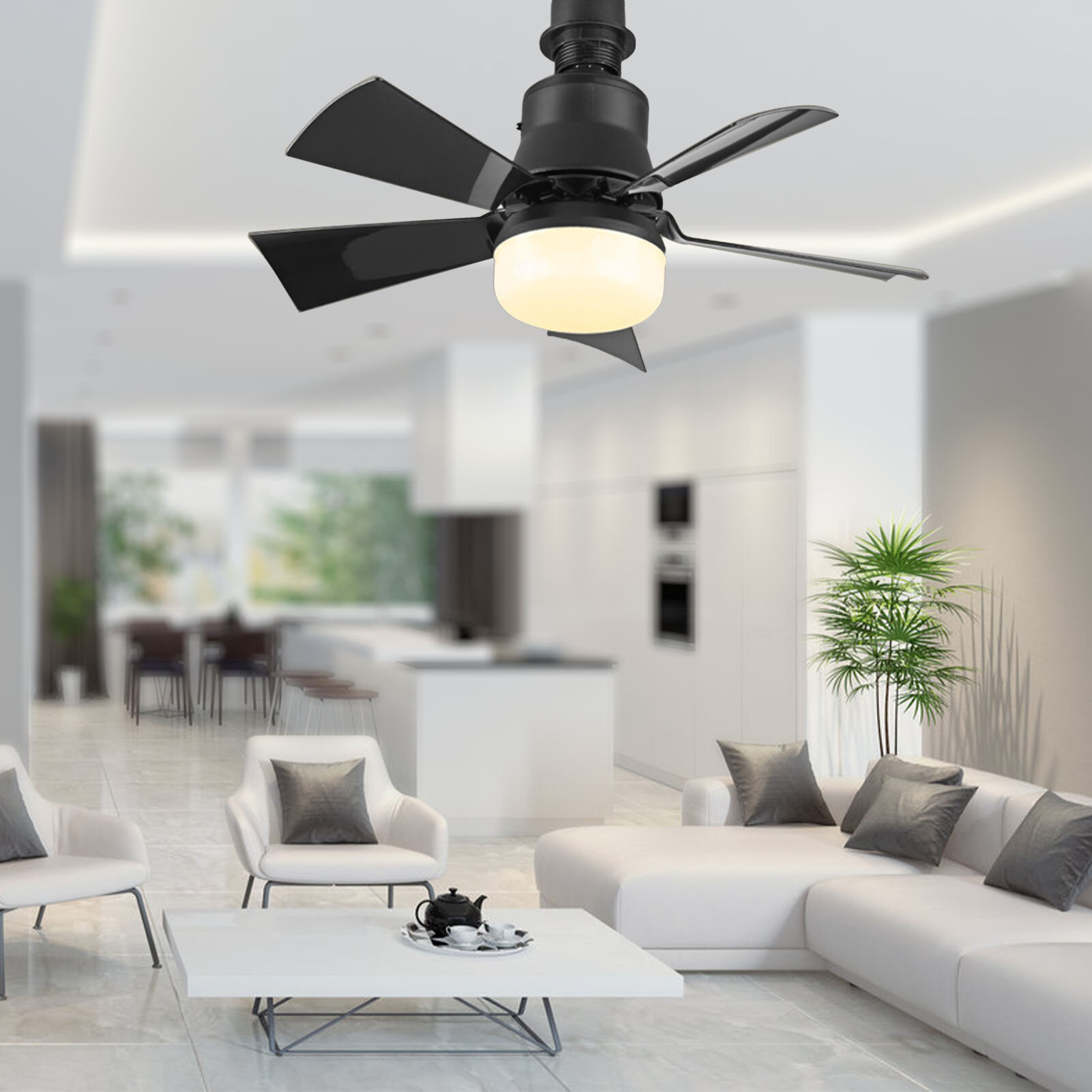 Потолочный вентилятор, 3000 К - 6500 К, регулируемая яркость, 3 скорости ветра, 3 таймера, цоколь E26, светильник с вентилятором, 85-265 В, черный