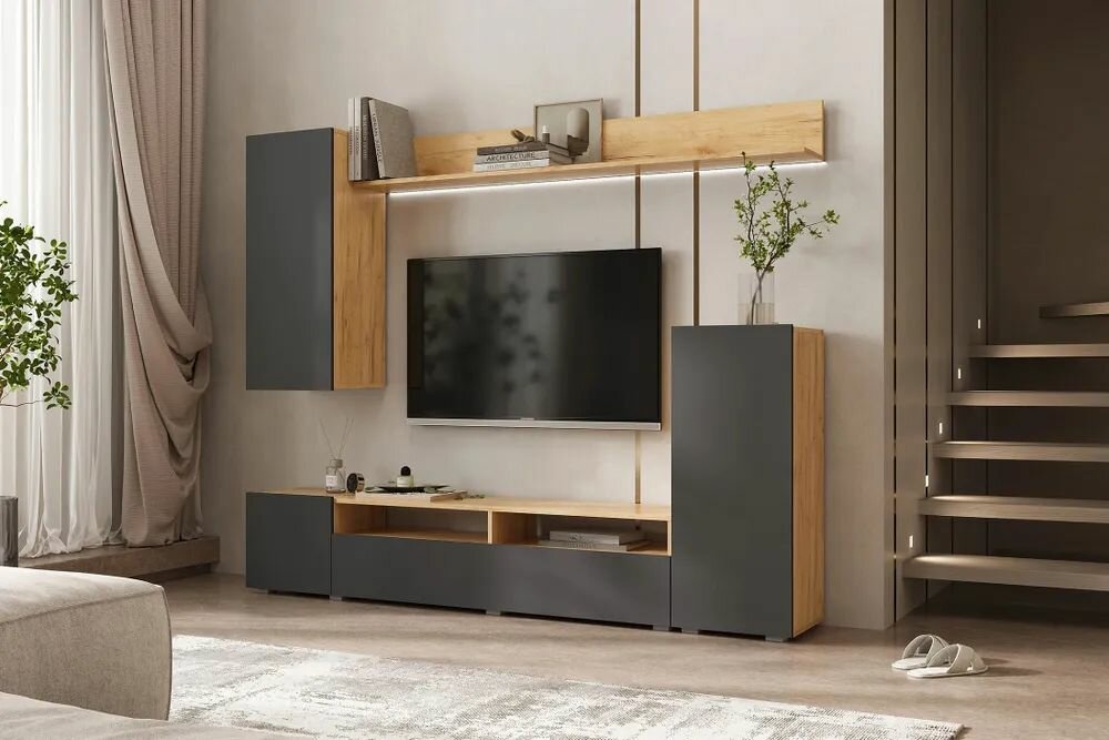 Стенка Гостиная Верона (Графит, Дуб Крафт) 2130х1704х346 мм.