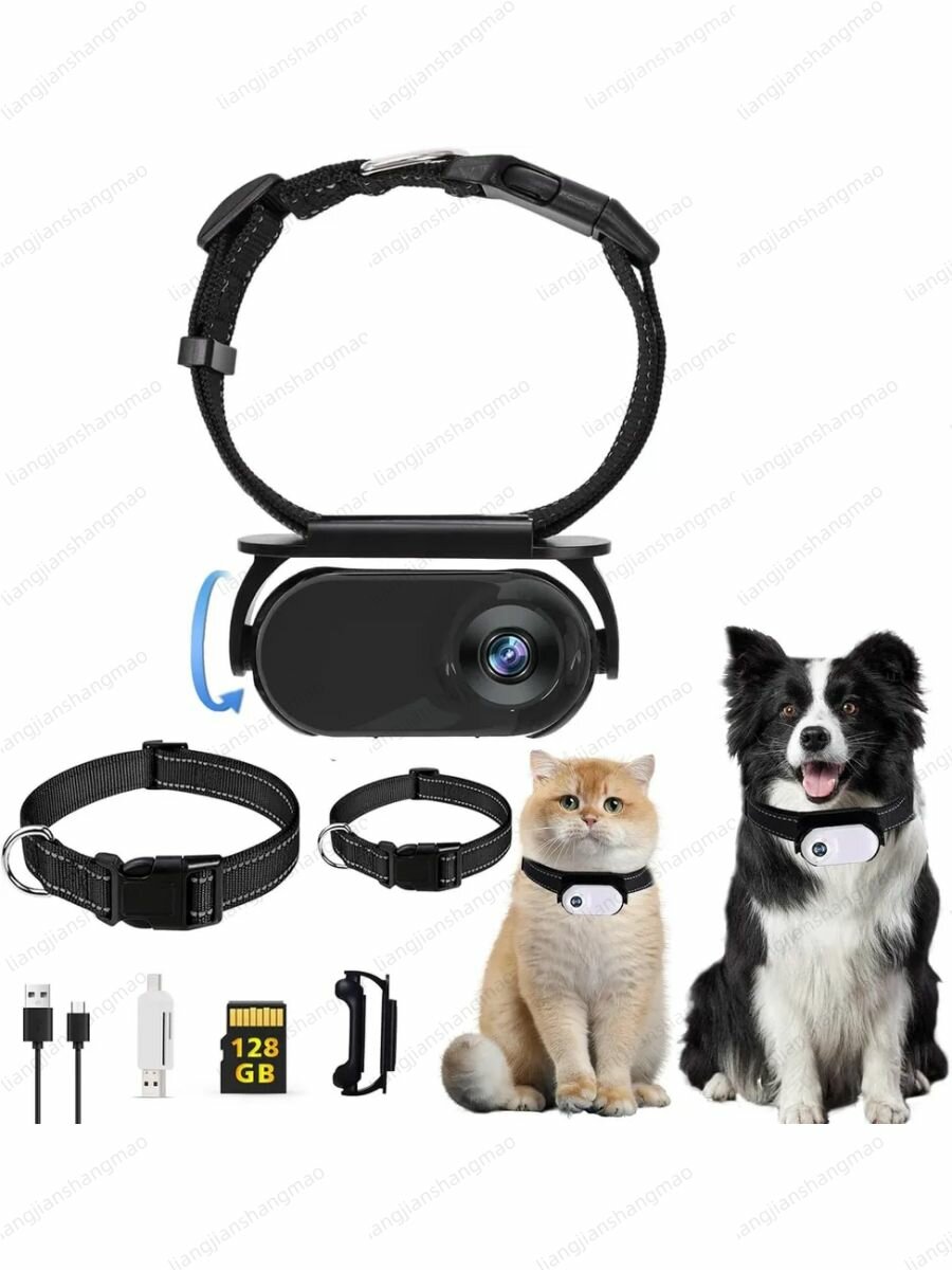 Ошейник для кошки, собаки с камерой Экшн-камера для животных, 128 ГБ с поворотом на 360 HD 1080P