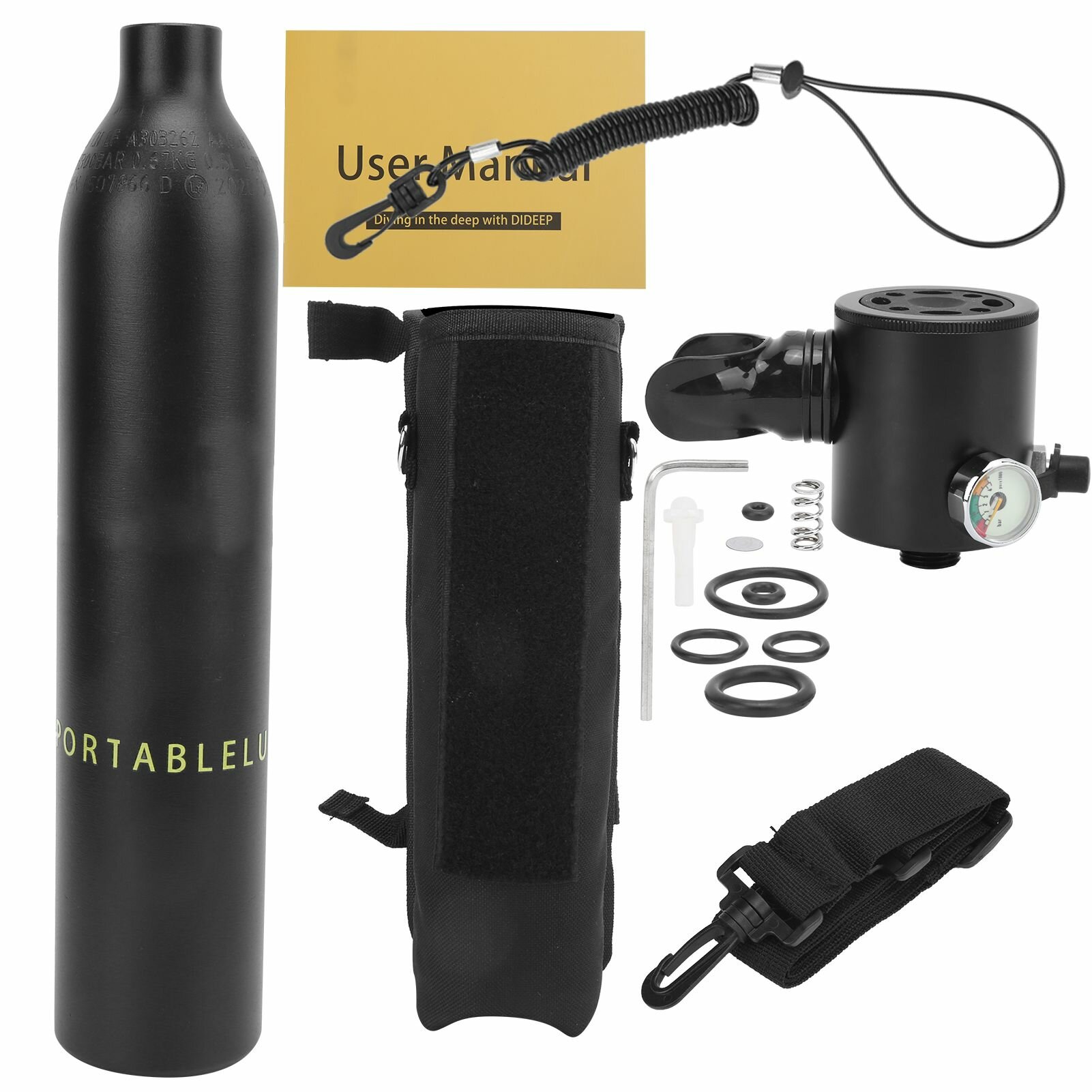 Баллон DIDEEP 0,5 л с дыхательным аппаратом (черный баллон, черная сумка)