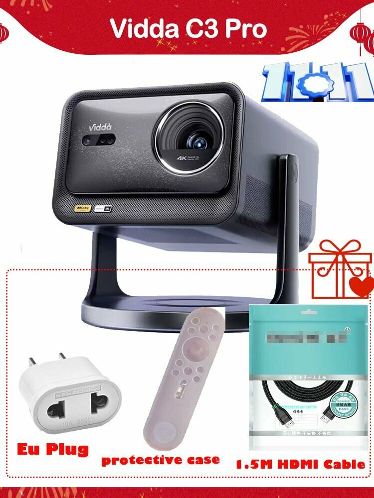 Vidda C3 Pro RGB 4K трехцветный лазерный проектор 2800CVIA MT9681 MCL39 4+128 ГБ 0,9-1,5:1 оптический зум видео 3D Android Cinema проектор