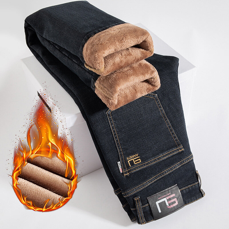 Охоты Брюки JYL Утеплённые толстые зимние джинсы мужские прямые эластичные теплое молодежная модная широкие