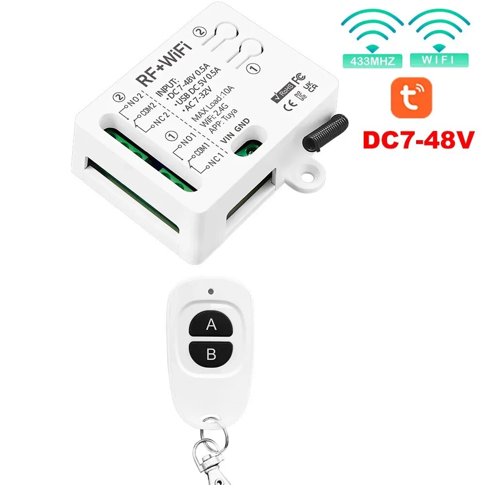Tuya WIFI реле DC7-48V 433MHz, 2 канала