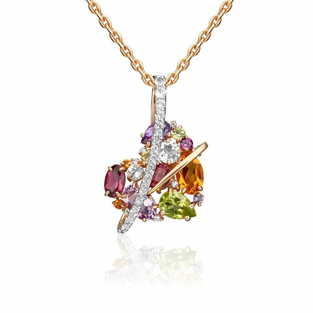 Подвеска, красное золото, 585 проба, родолит, цитрин, топаз, аметист, хризолит