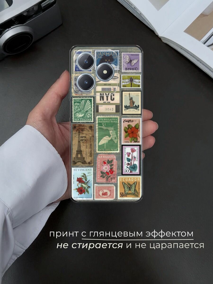 Силиконовый чехол на Realme C63 / Реалми С63 с принтом Коллаж из марок — фото 1