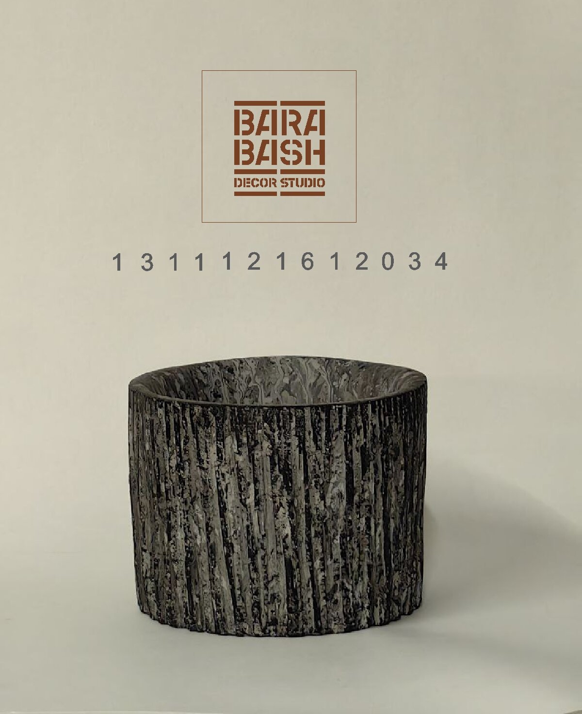 Кашпо декоративное BARABASH, бетон, Фактура "Дерево", темно серое, 16,5х13см