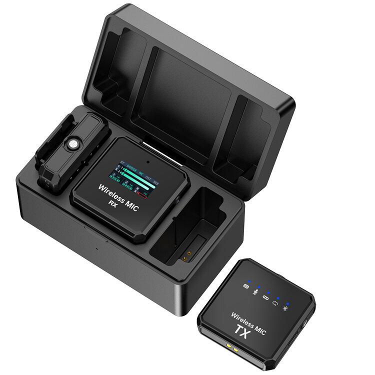 Беспроводной микрофон клип-он с цифровым дисплеем, компактный двухканальный лапельный микрофон для интервью, прямой трансляции, видеозаписи, черный цвет, материал ABS, батарея микрофона 300mAh, зарядное устройство 3000mAh, частота отклика 20Hvz-20kHz,