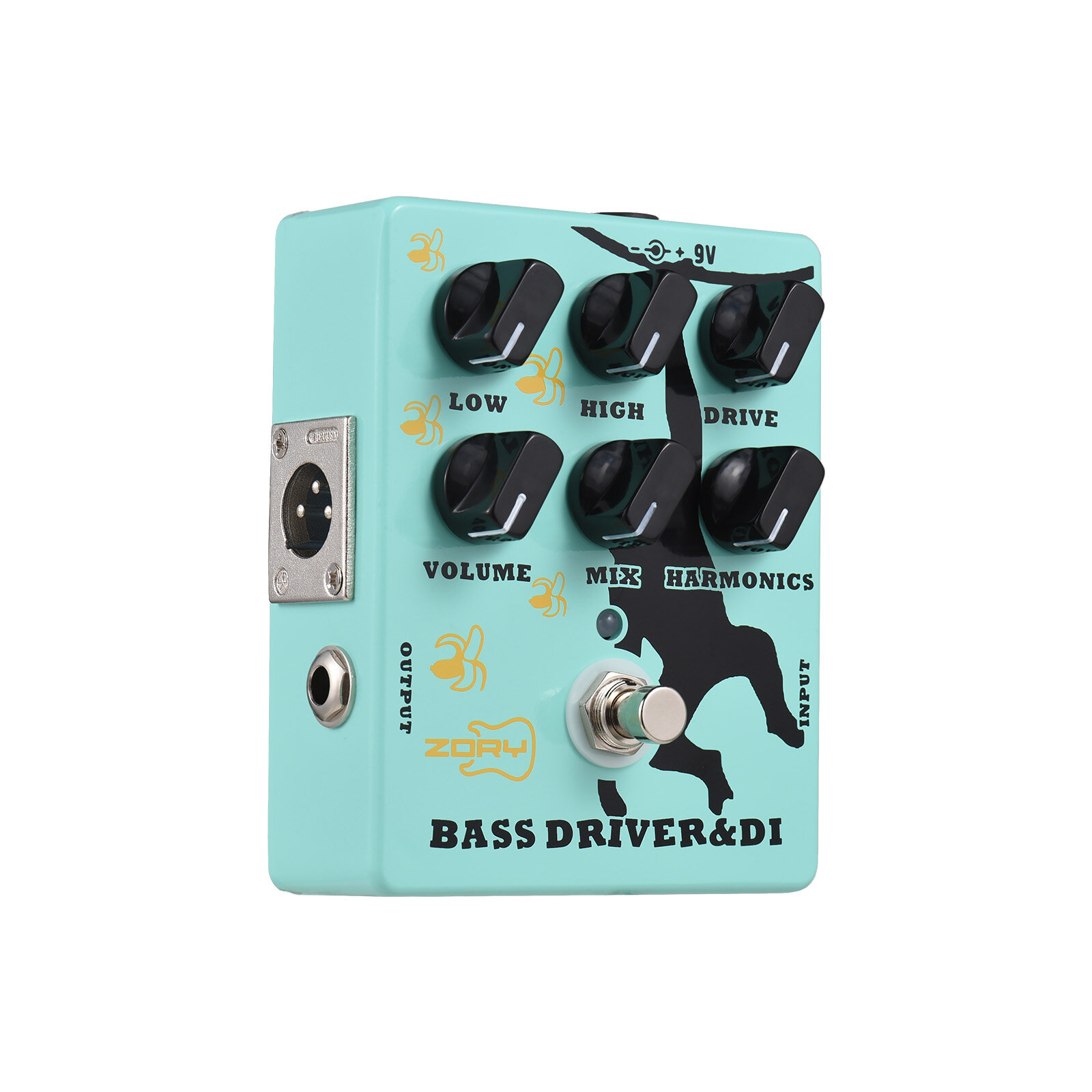 Driver and DI Box Bass Effector Pedal для электрогитары басс с XLR Output Bass Amp Pedal True Bypass DC 9V 6.35mm Input/Output Interface, материал алюминиевый сплав, зеленый цвет, размер 10*4*12cm, вес 355g, потребление тока 50mA, в комплект входят 1 x