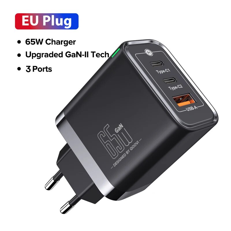 QOOVI 65 Вт GaN Зарядное устройство USB Type C Быстрая зарядка Адаптер Quick Charge 4.0 65W EU PLUG
