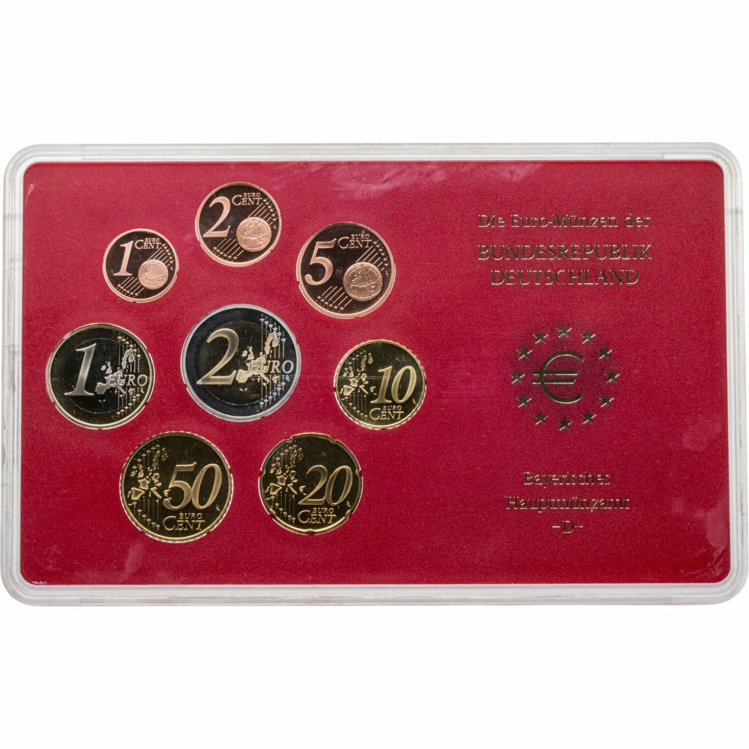 Германия, набор евро из 8-ми монет 2004, монетный двор D Мюнхен, в официальном пластике, Различные сплавы, в сохранности Proof