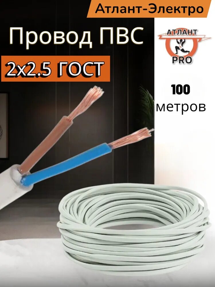 Провод электрический ПВС 2х2.5 ГОСТ, длина 100м, многопроволочный