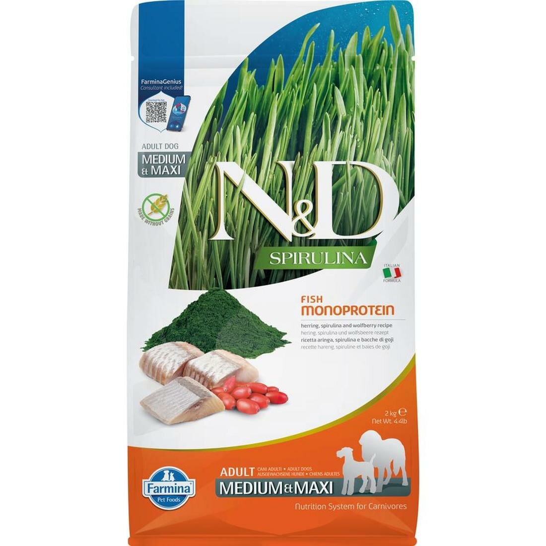 Farmina ND Spirulina Adult для собак средних и крупных пород, с селедью и ягодами годжи 2 кг