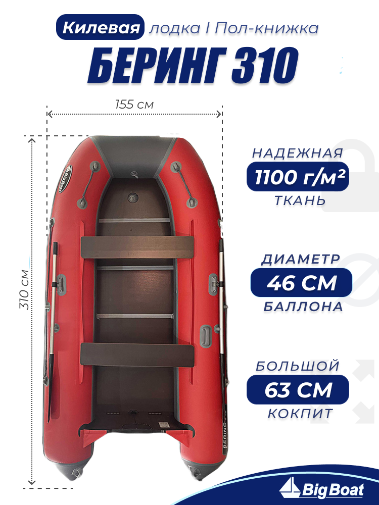 Надувная, под мотор, килевая лодка из ПВХ для рыбалки Bering (Беринг)310К пол-книжка