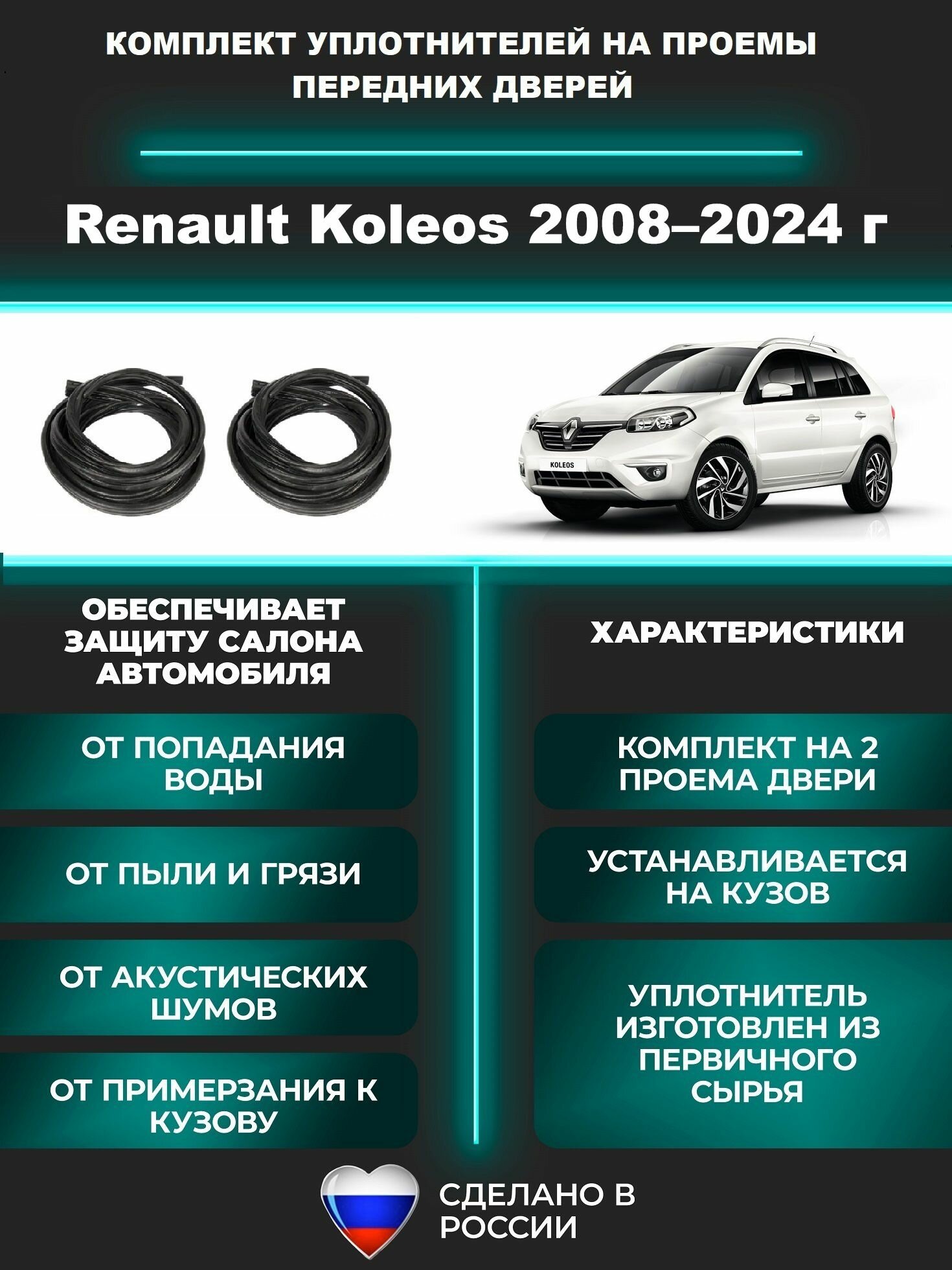 Комплект уплотнителей проемов передних дверей, подходит на Renault Koleos 2008-2024 г, Рено Колеос 2 шт