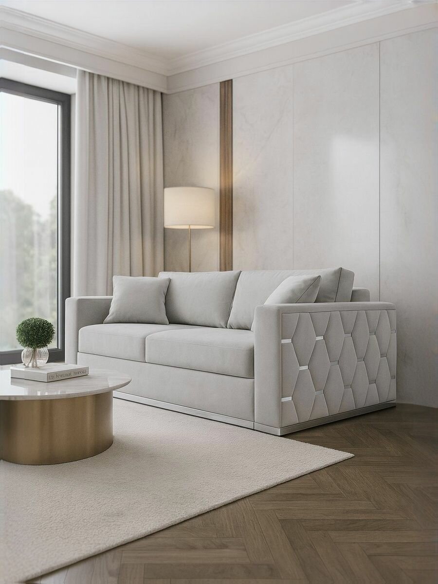 Прямой интерьерный диван NOTTE ESTETICA 235*110*82 см, натуральный велюр, механизм раскладной, светло-серый, с молдингом хром глянец, для гостинной.