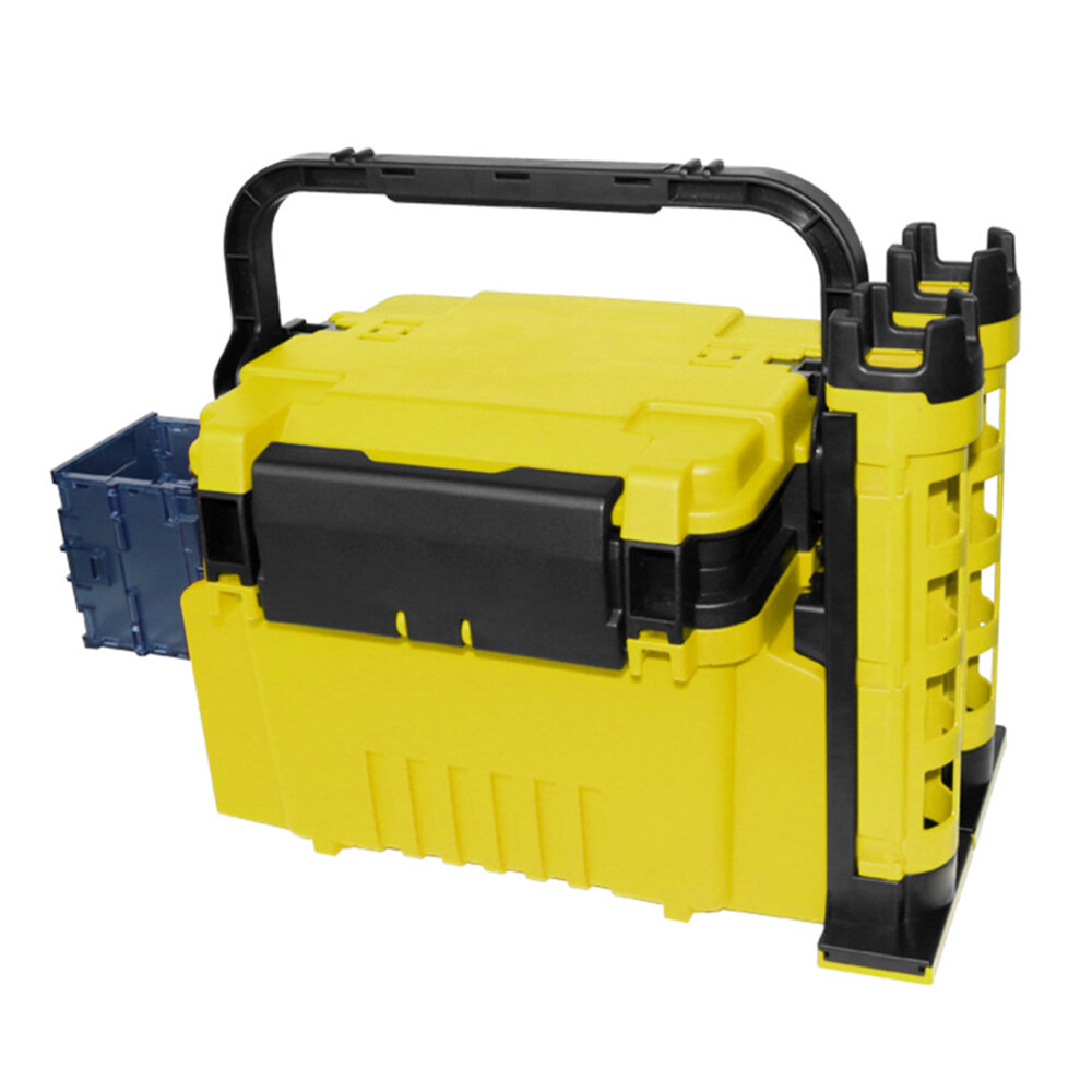 Фishing Box Travel Fishing Case Box с держателем для бутылок и стойками для удилищ, материал ABS + PP, цвета Красный Желтый Синий Зеленый Серый Голубой, размер коробки 31.5*17.7*23см, высота стойки для удилища 28см, внутренний диаметр стойки для удилища